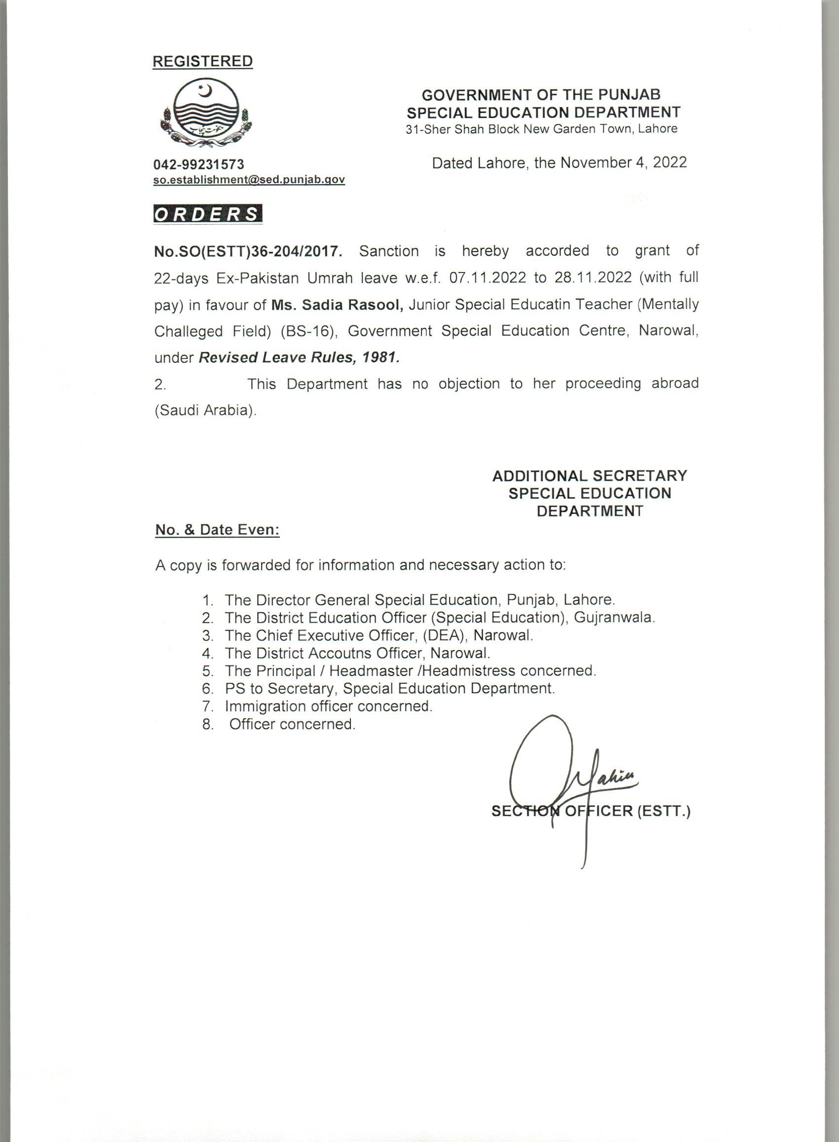Ex-Pakistan Leave | Special Education Department